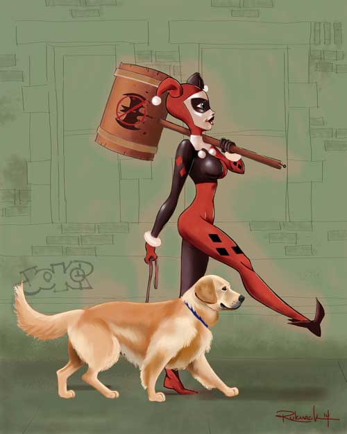 Golden retriever gift, Harley Quinn walking a Golden retriever – Rubenacker Studios