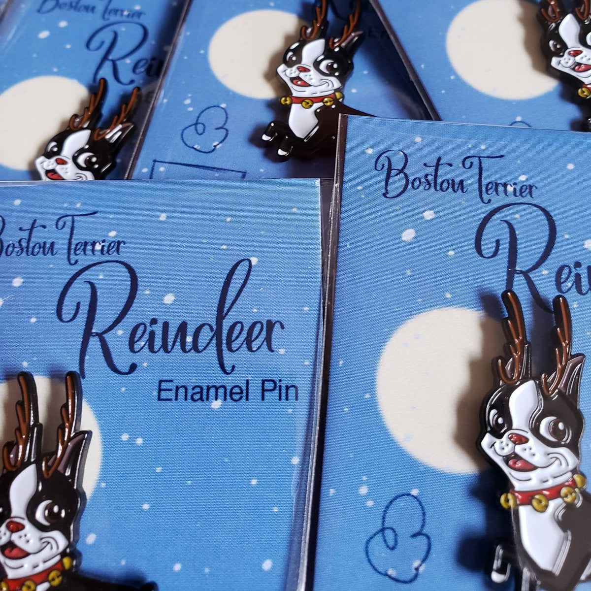 Boston terrier reindeer pin – Rubenacker Studios