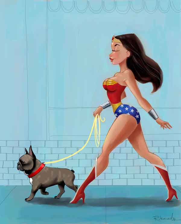 Wonder Woman walking a French Bulldog, french bulldog gift, french bul – Rubenacker Studios