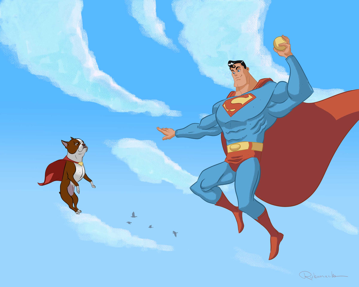 Boston terrier Superman and Krypto dog art wall decor – Rubenacker Studios