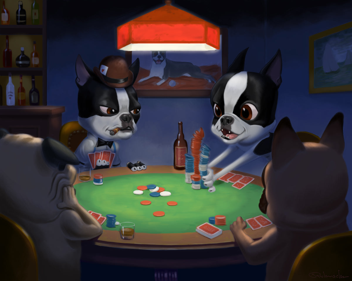 Boston terriers playing poker – Rubenacker Studios